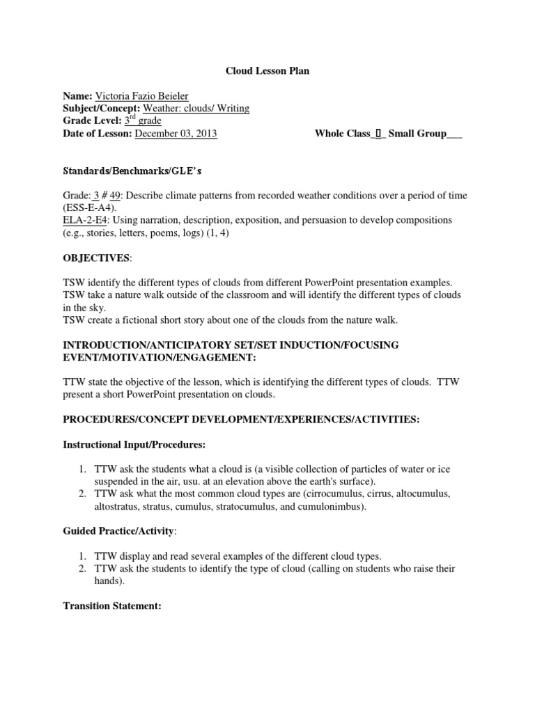 Cloud Lesson Plan | PDF | Cloud | Lesson Plan