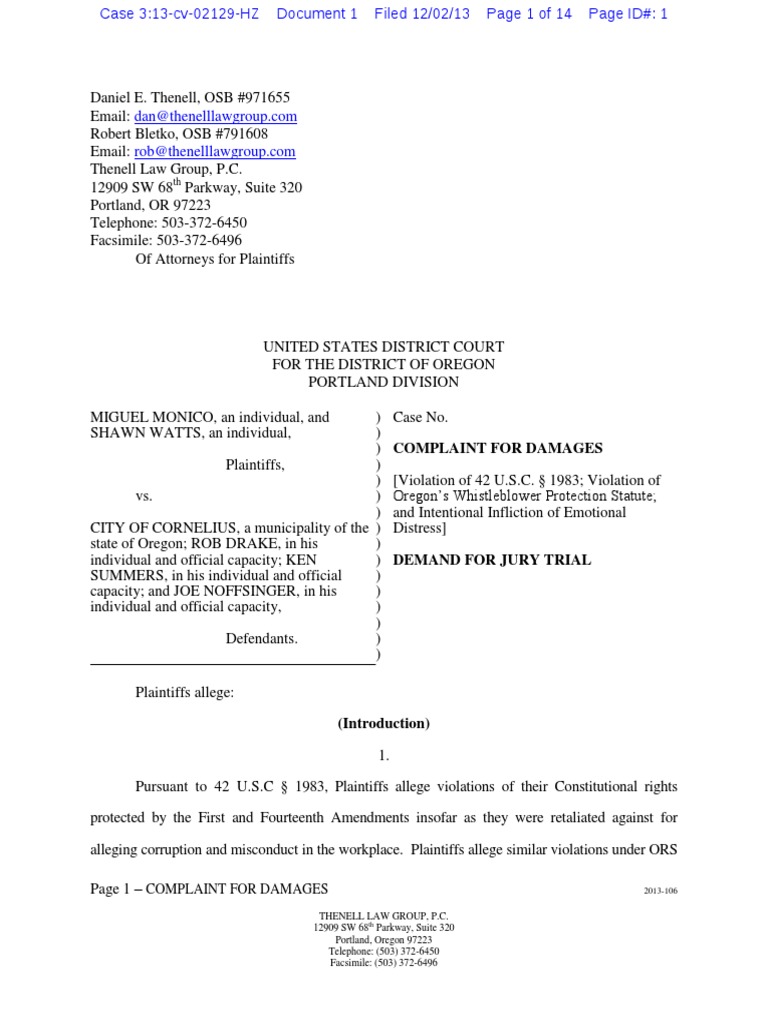 Former Cornelius Police Officers Civil Lawsuit Pdf Lawsuit Complaint
