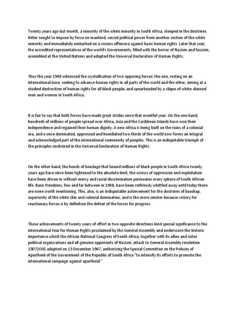 Oliver Tambo: Speech On The Struggle of Apartheid (1968) | PDF ...