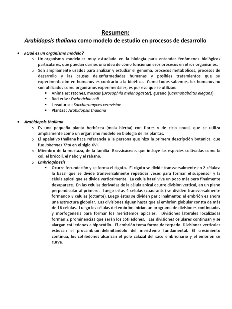 Resumen Arabidopsis Thaliana | PDF | Organismo modelo | Ciencias de la vida