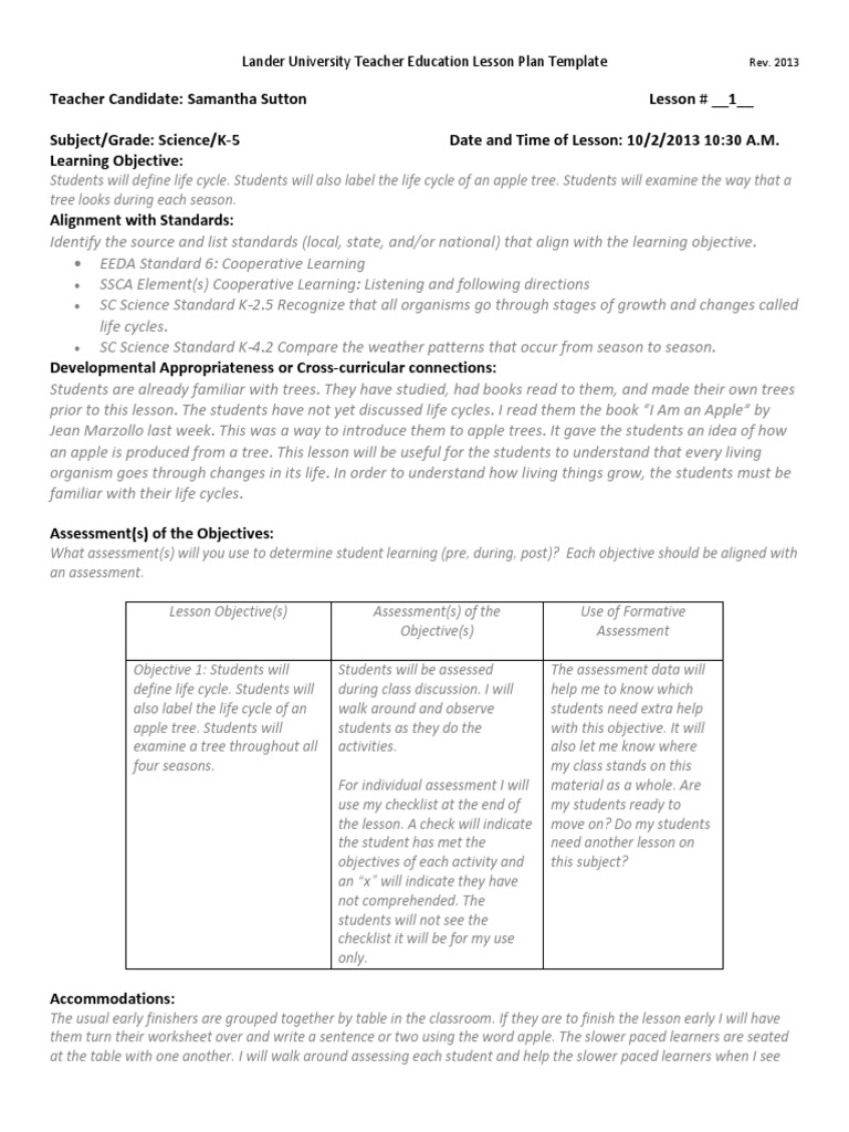 Apple Tree Lesson Plan | PDF | Educational Assessment | Lesson Plan