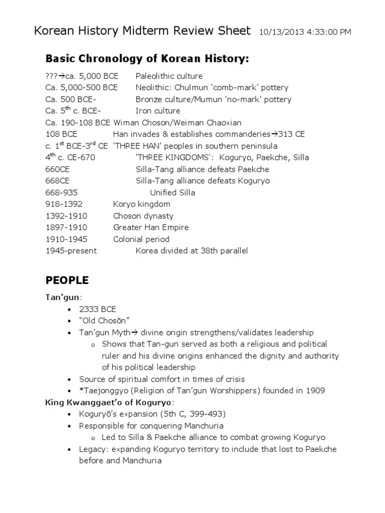 Korean History Midterm Review Sheet | PDF | Korea | East Asia