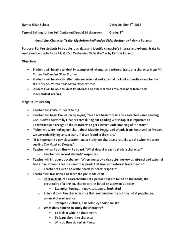 Character Traits - My Rotten Red Headed Older Brother | PDF | Applied ...