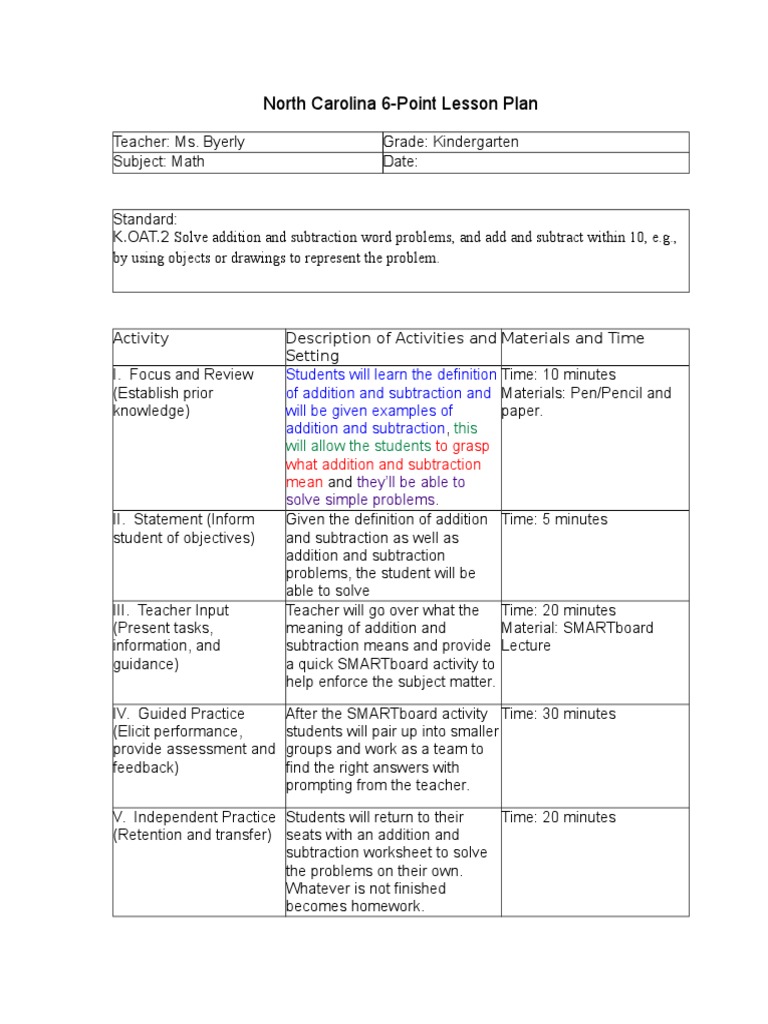 Kindergarten Math Lesson Plan | PDF