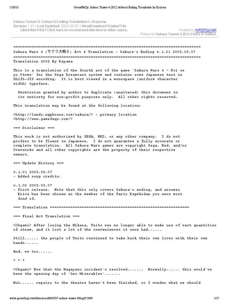 Sakura Taisen 4 - Sakura's Ending | PDF | Leisure