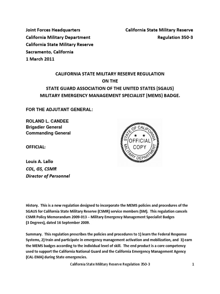 CSMR Reg 350-3 Mems Badge | PDF | Incident Command System | National ...