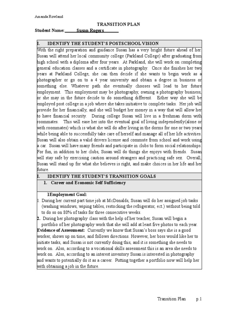 Susan Rogers' Transition Plan Overview | PDF | Special Education ...