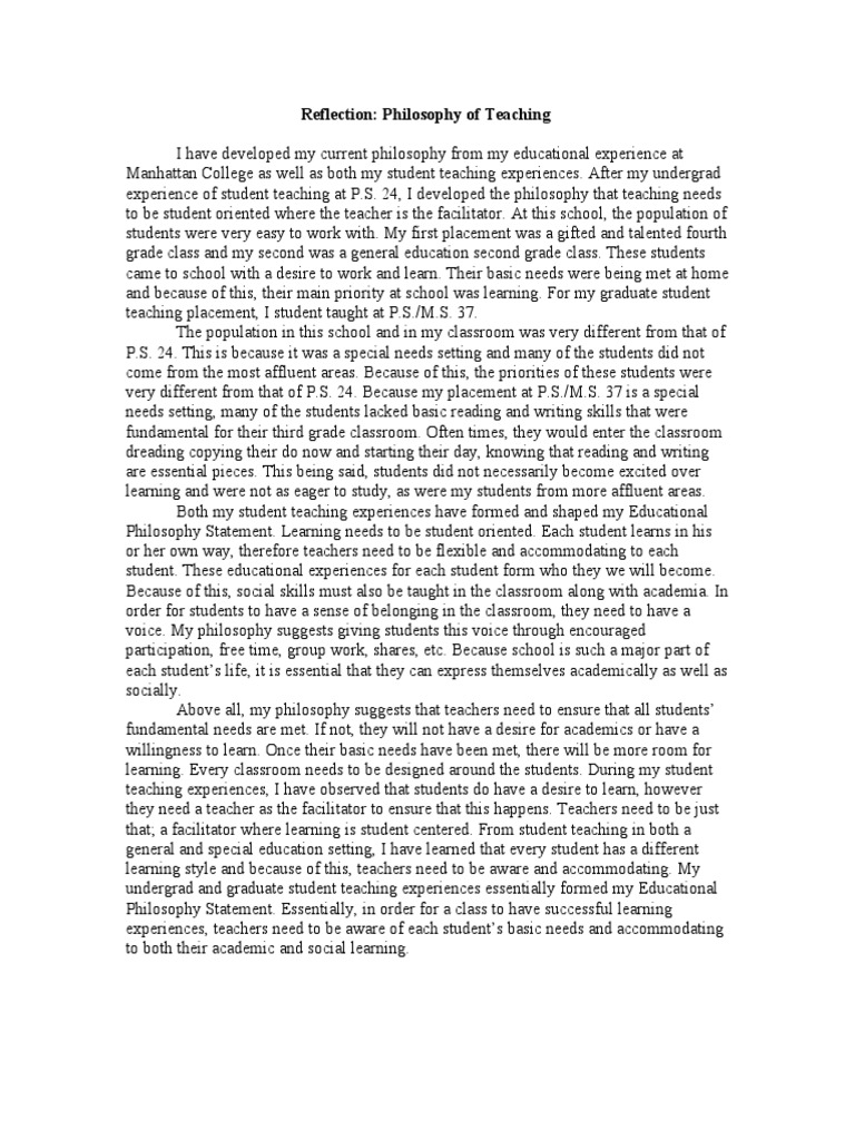 Reflection Philosophy Of Teaching Classroom Special Education