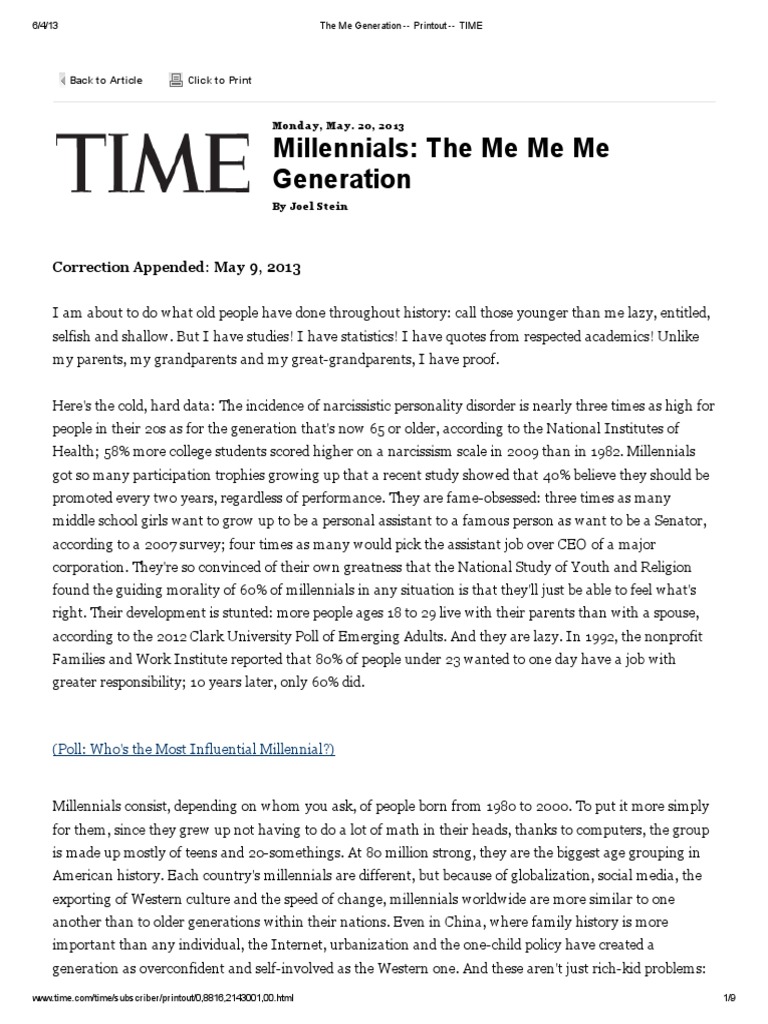The Me Generation - TIME | PDF | Millennials | Narcissism