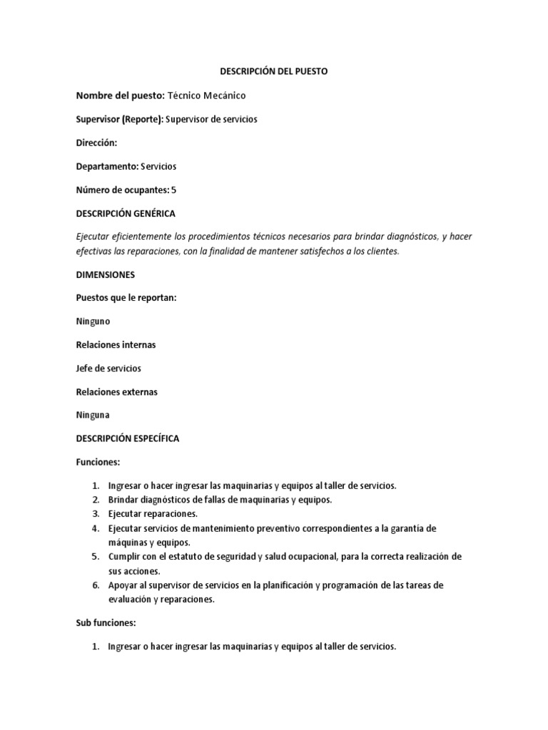 Descripcion de Puesto - Tecnico Mecanico | Planificación | Factores humanos y ergonomía