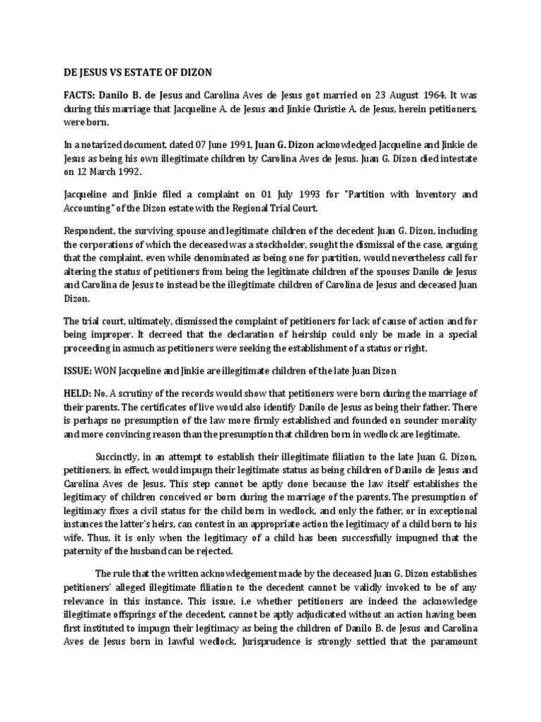 De Jesus Vs Estate of Dizon | PDF | Legitimacy (Family Law) | Marriage