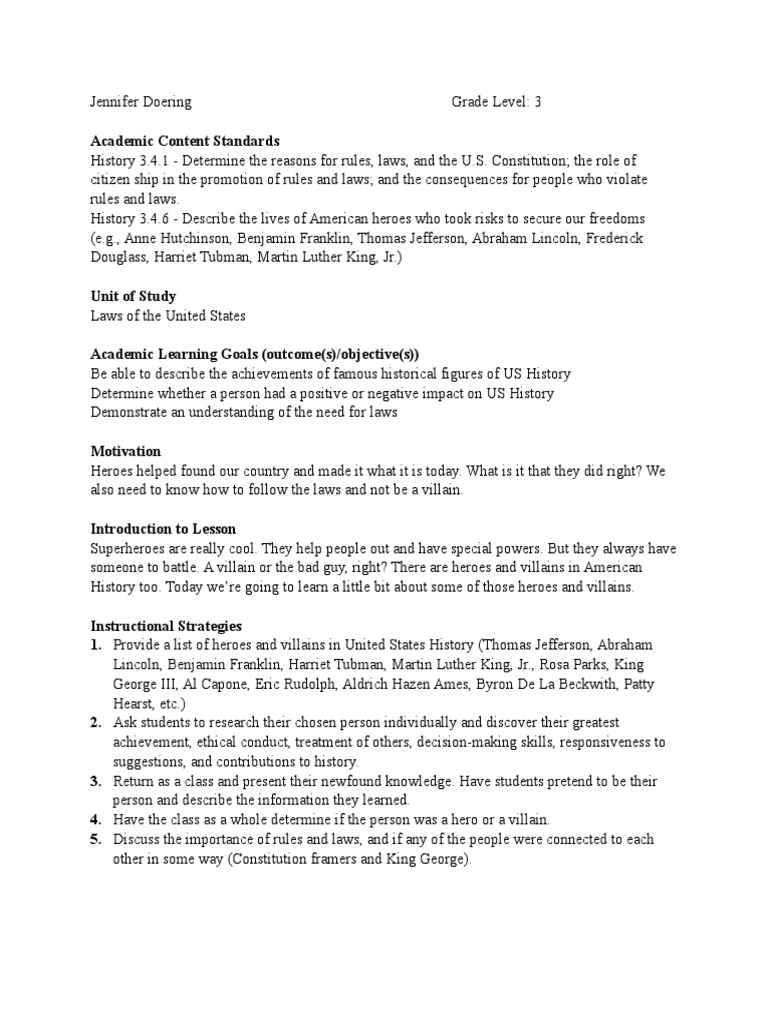 History Lesson Plan | PDF | Hero | The United States