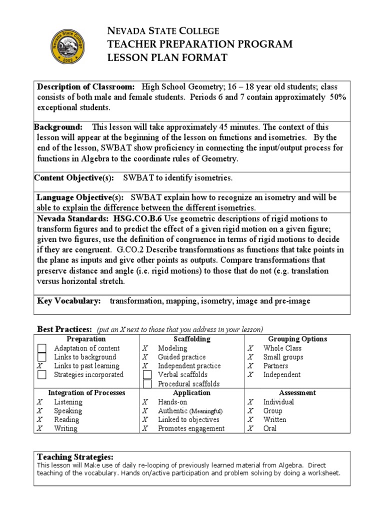1 Isometries Lesson Plan | PDF | Lesson Plan | Homework