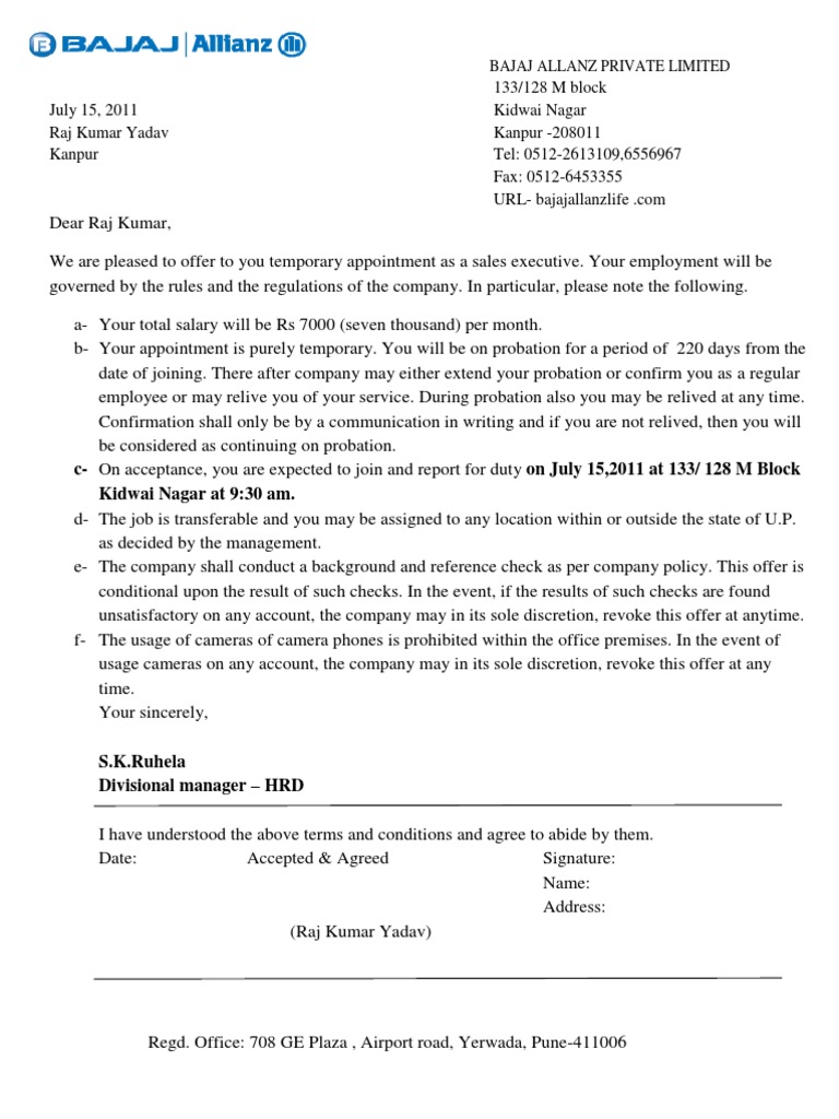 Temporary Sales Executive Offer Letter | PDF