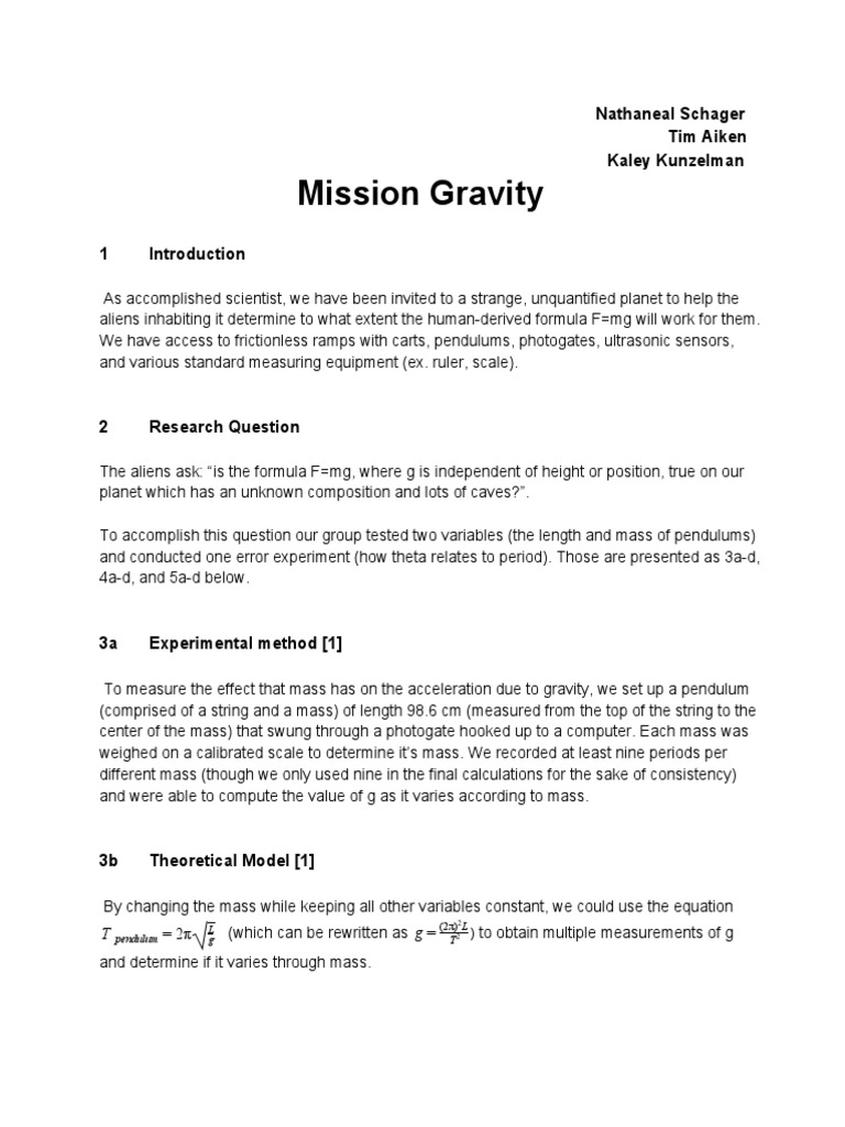 Lab Report Mission Gravity | PDF | Pendulum | Mass
