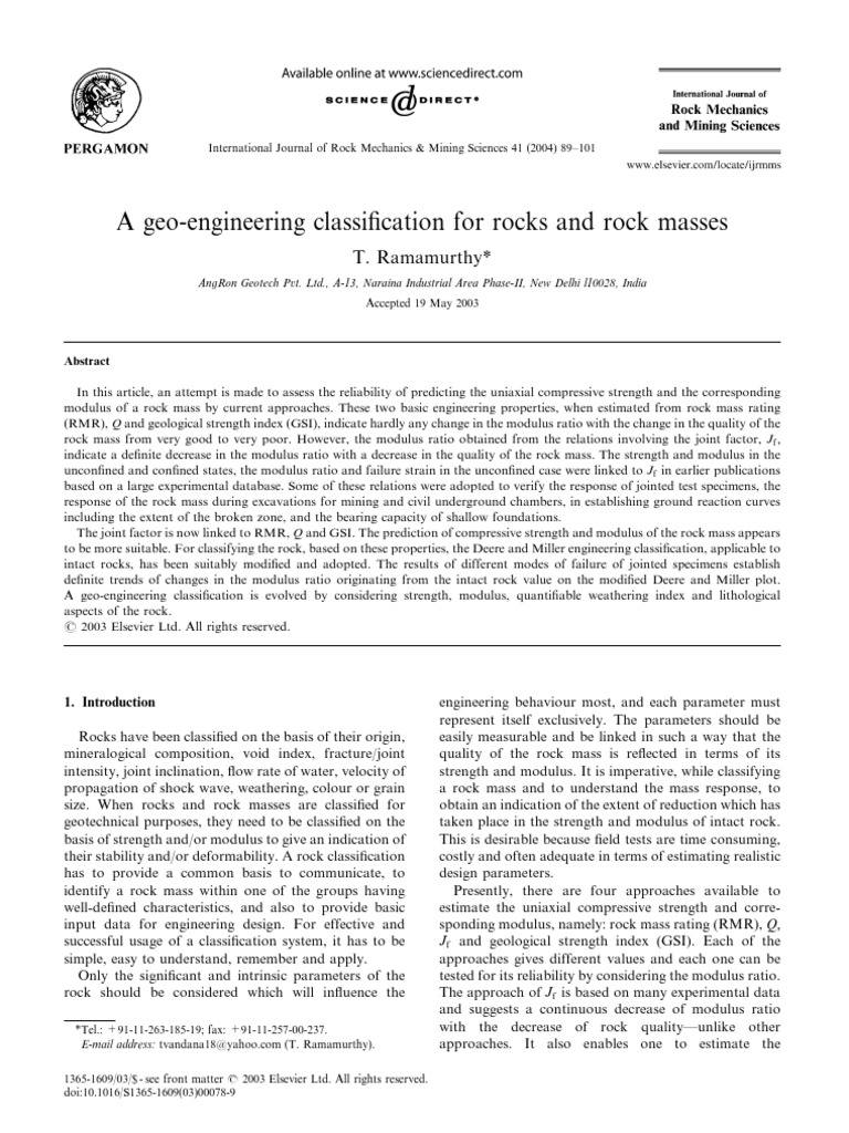 Geo-Engineering Classification of Rocks | PDF | Young's Modulus | Soil ...