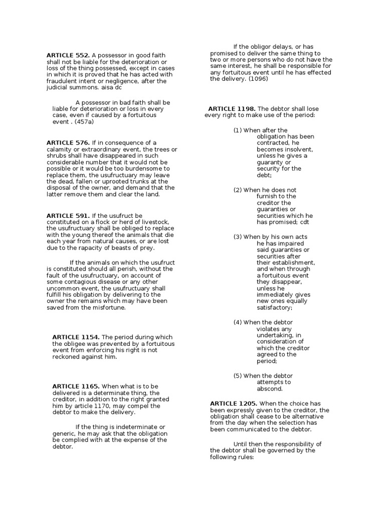 Civil Code Articles On Fortuitous Event | PDF