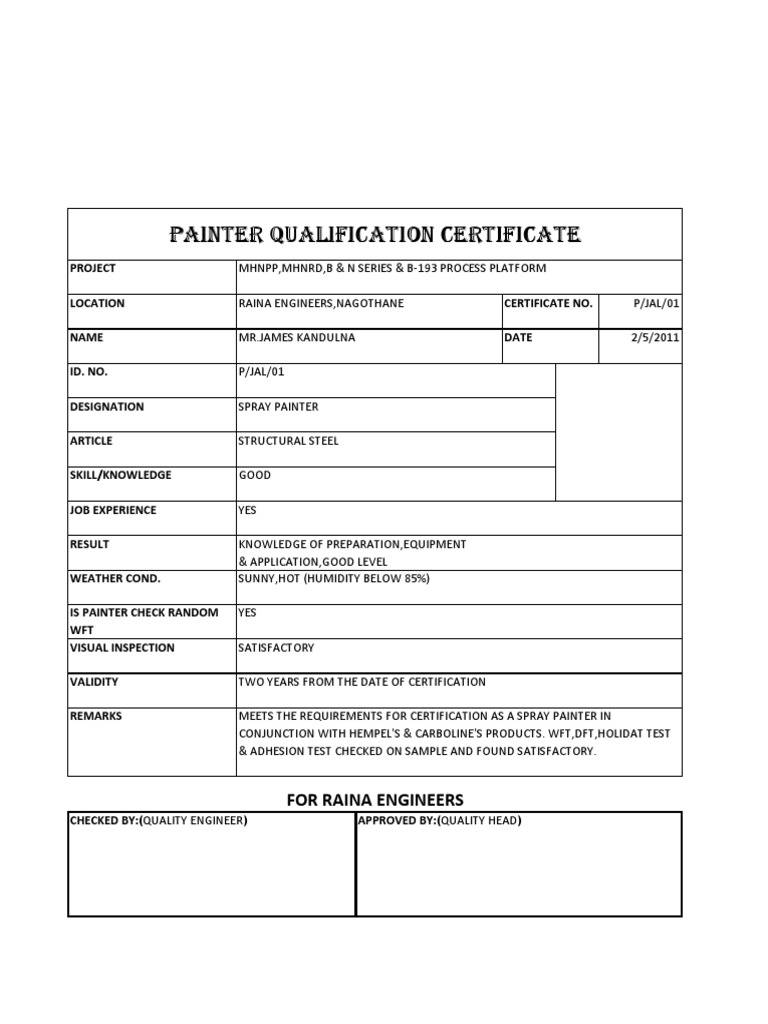 Painter Qualification Certificate: For Raina Engineers | PDF | Computers