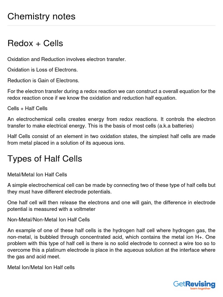 Chemistry Notes: Redox + Cells | Download Free PDF | Redox ...