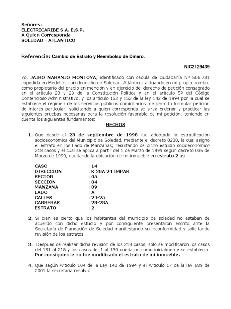 Derecho de Peticion Electricaribe Por Estrato Jairo Naranjo | PDF ...