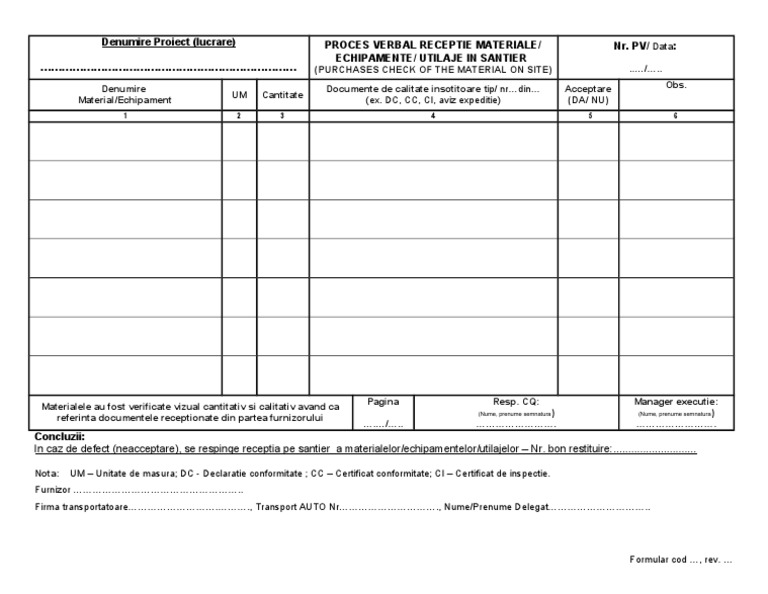 Formular Receptie Materiale in Santier