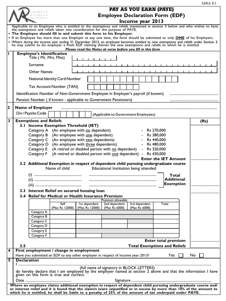 Pay As You Earn (Paye) Employee Declaration Form (EDF) Income Year 2013 ...