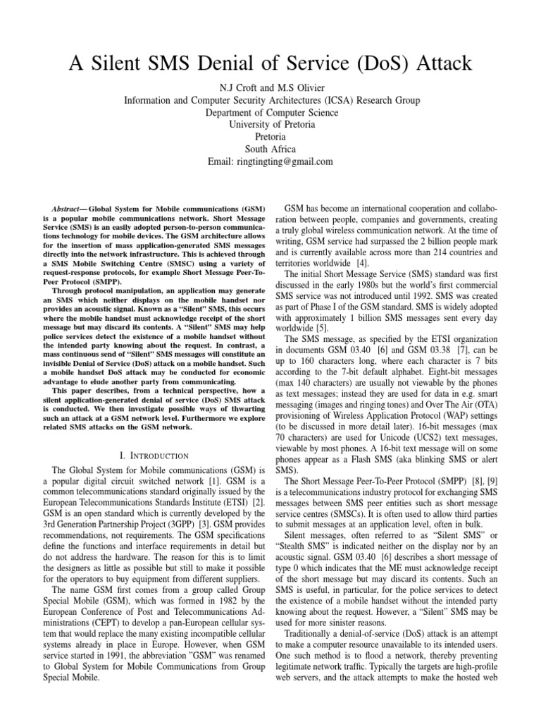Silent SMS Denial of Service (DoS) Attack | PDF | Short Message Service | Gsm