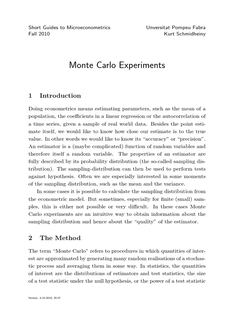 Monte Carlo Experiments Version 4 10 2010 20 37 Pdf Ordinary Least Squares Statistics
