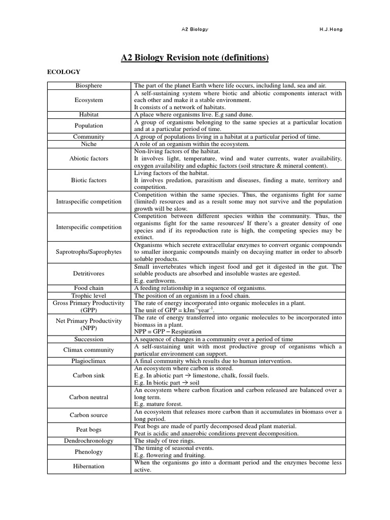 A2 Biology: Key Definitions and Concepts | PDF | Ecosystem | Hybrid ...