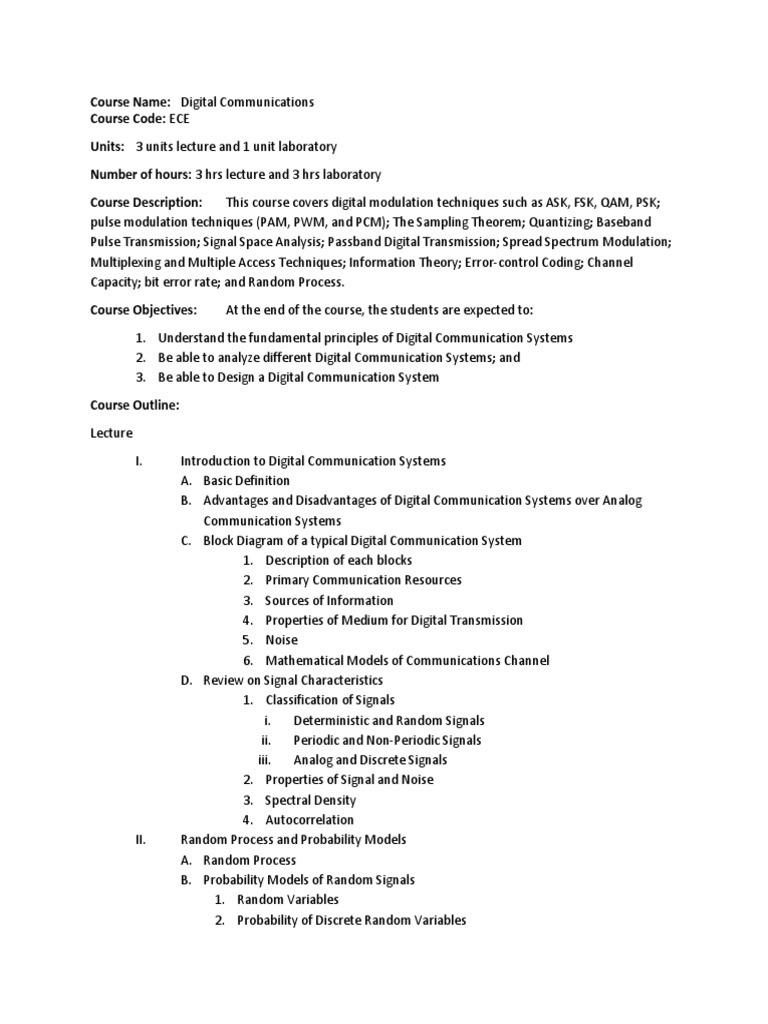 Course Syllabus Digital Comms | PDF | Modulation | Data Transmission
