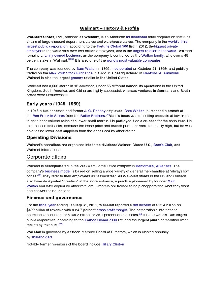 Walmart - History & Profile: Early Years (1945 - 1969) | PDF | Walmart ...