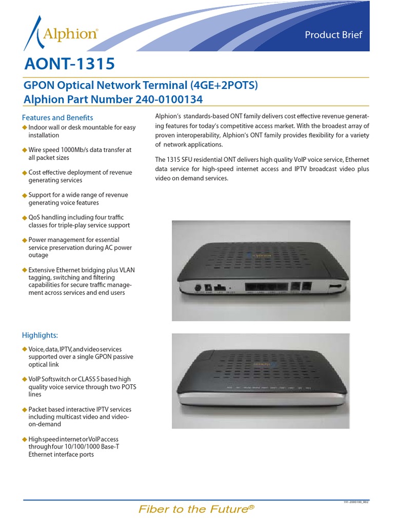 AONT-1315: GPON Optical Network Terminal (4GE+2POTS) Alphion Part ...