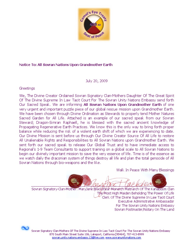 To All Sovran Nations Upon Grandmother Earth From The SUN Embassy ...