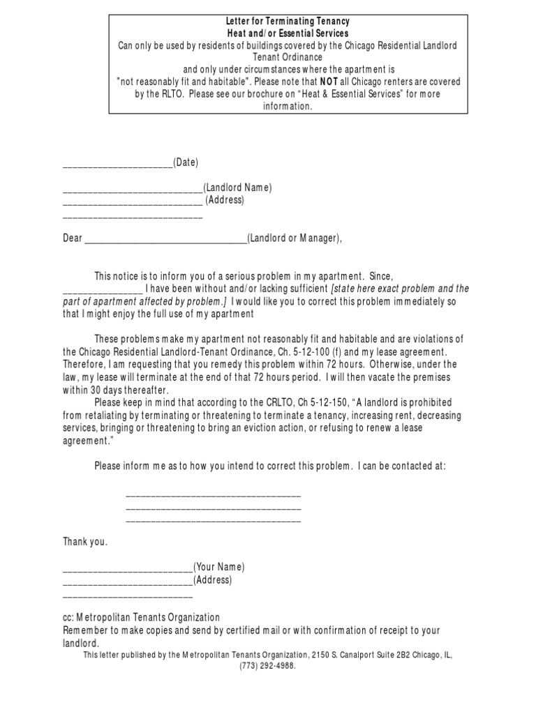 Heat and Other Essential Services - 72-Hour Notice - Terminate Lease ...