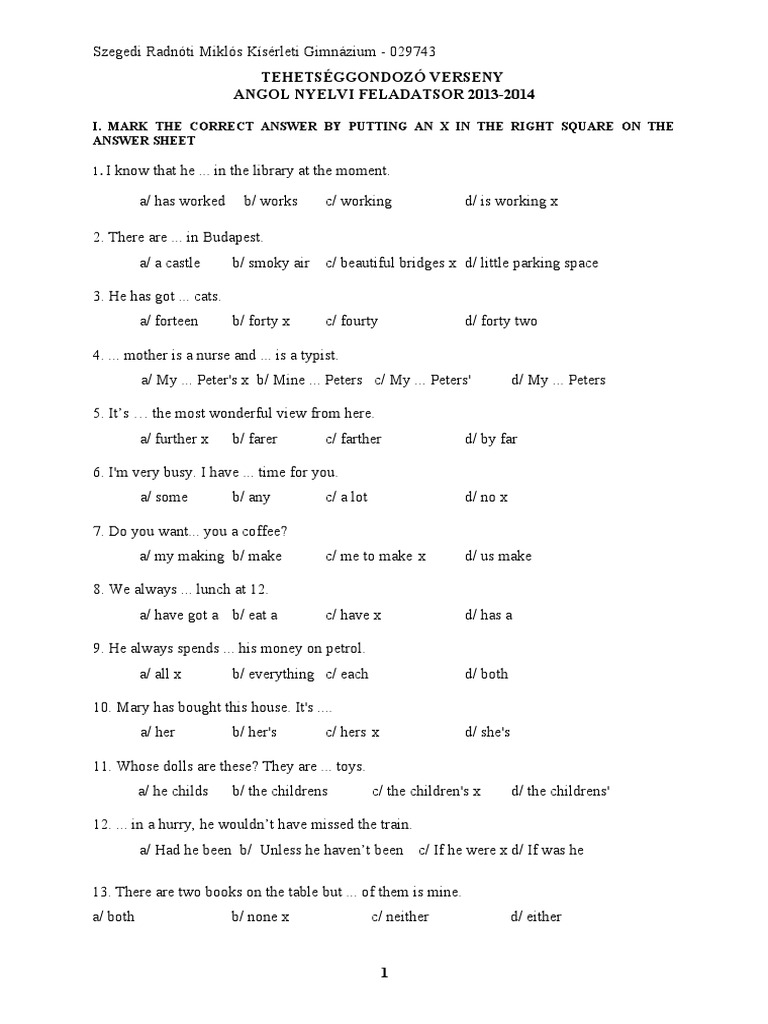 Tehetséggondozó Verseny Angol Nyelvi Feladatsor 2013-2014 | PDF | Computers