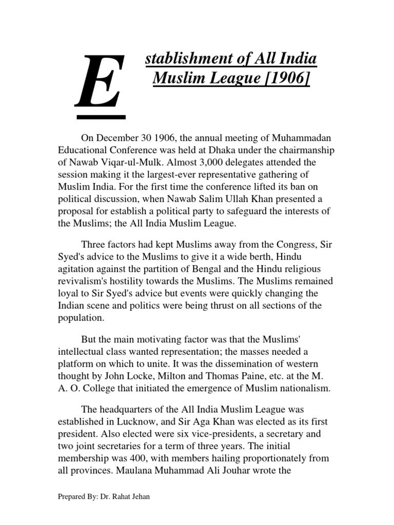 1 All India Muslim League 1906 Pdf All India Muslim League