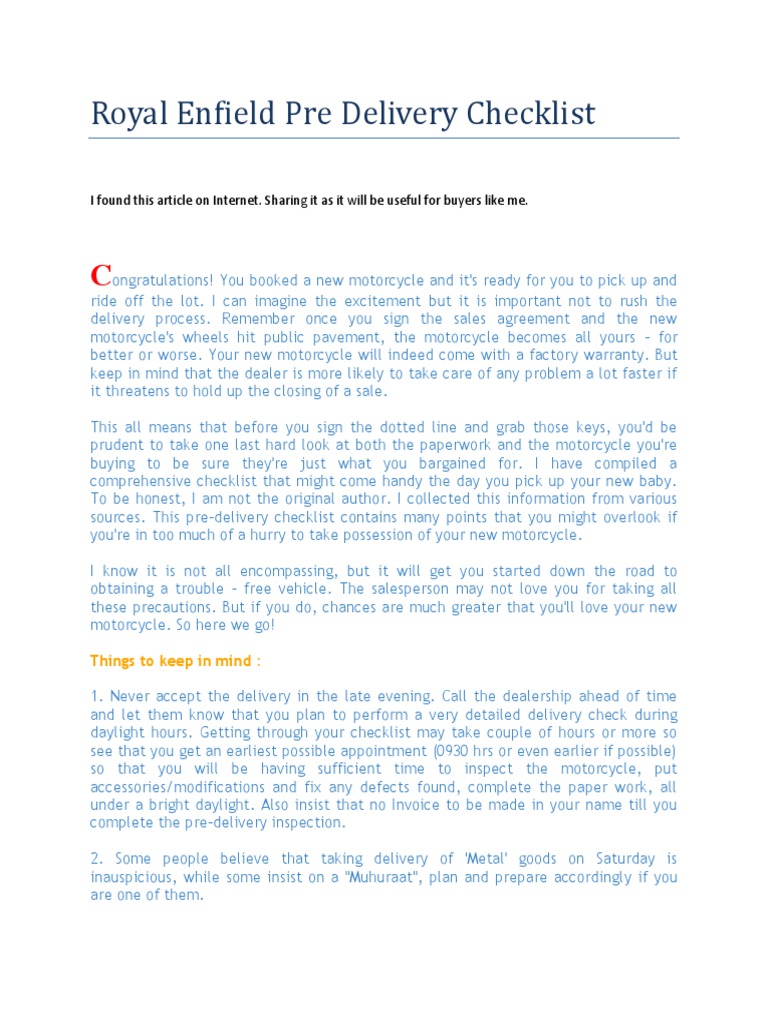Royal Enfield Pre-Delivery Checklist | PDF | Tire | Brake