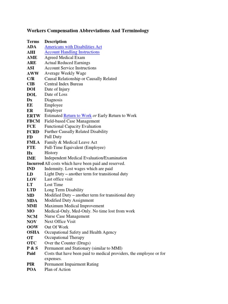 Workers Compensation Abbreviations and Terminology | PDF | Workers ...
