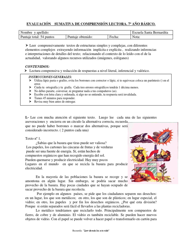 Evaluación Comprensión Lectora 7º Básico | PDF | Residuos | Comprensión ...