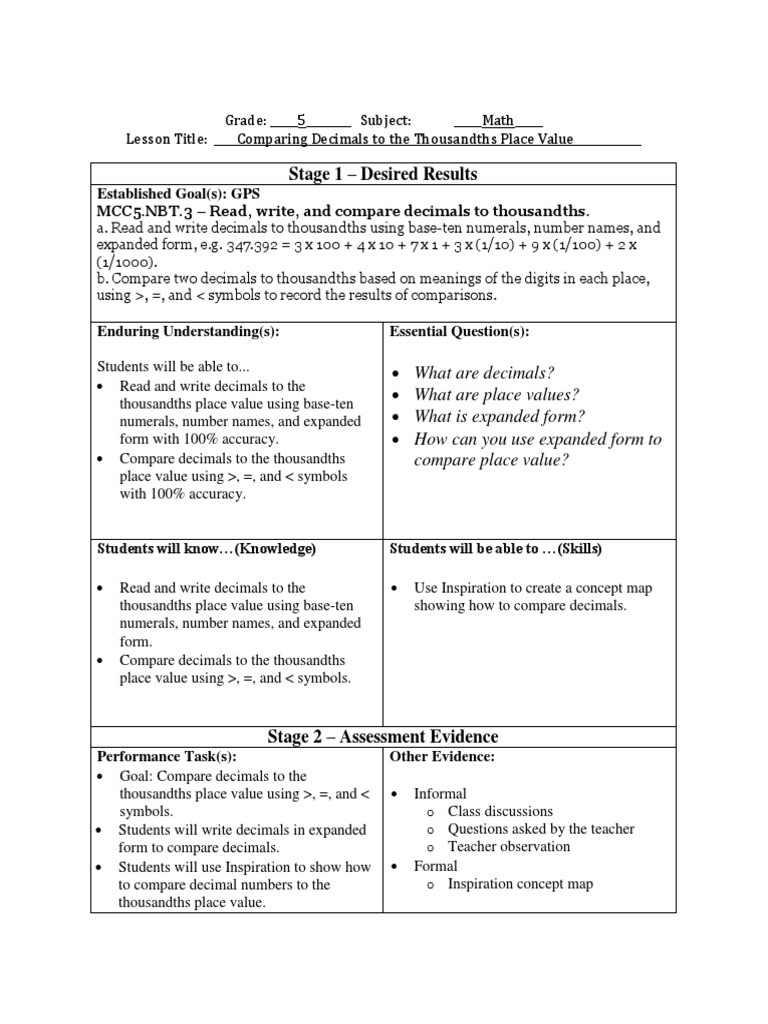 Lesson Plan 1 | PDF | Decimal | Lesson Plan