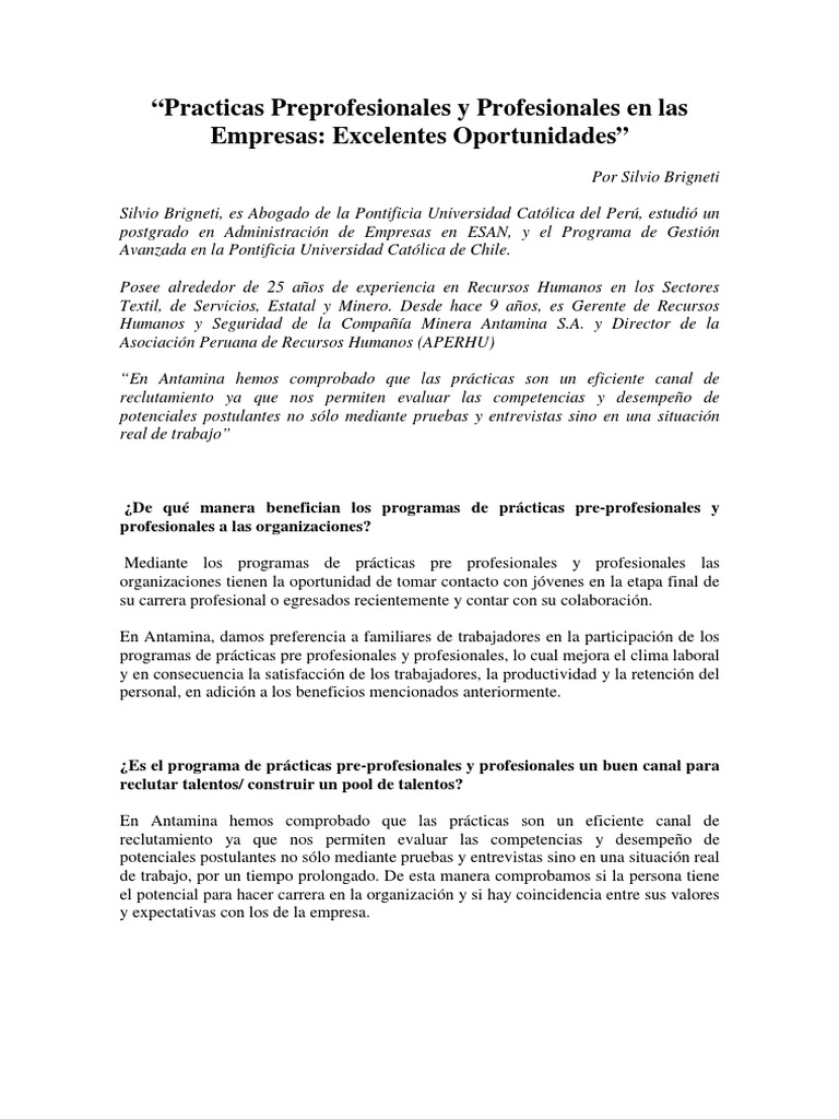 Importancia de Las Practicas Profesionales en Las Empresas | PDF