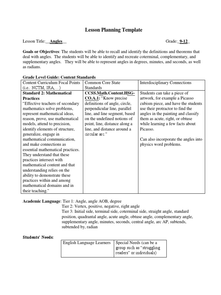 Angles Lesson Plan | PDF | Angle | Educational Assessment