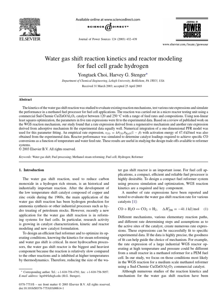 Water Gas Shift Reaction Kinetics and Reactor Modeling For Fuel Cell ...