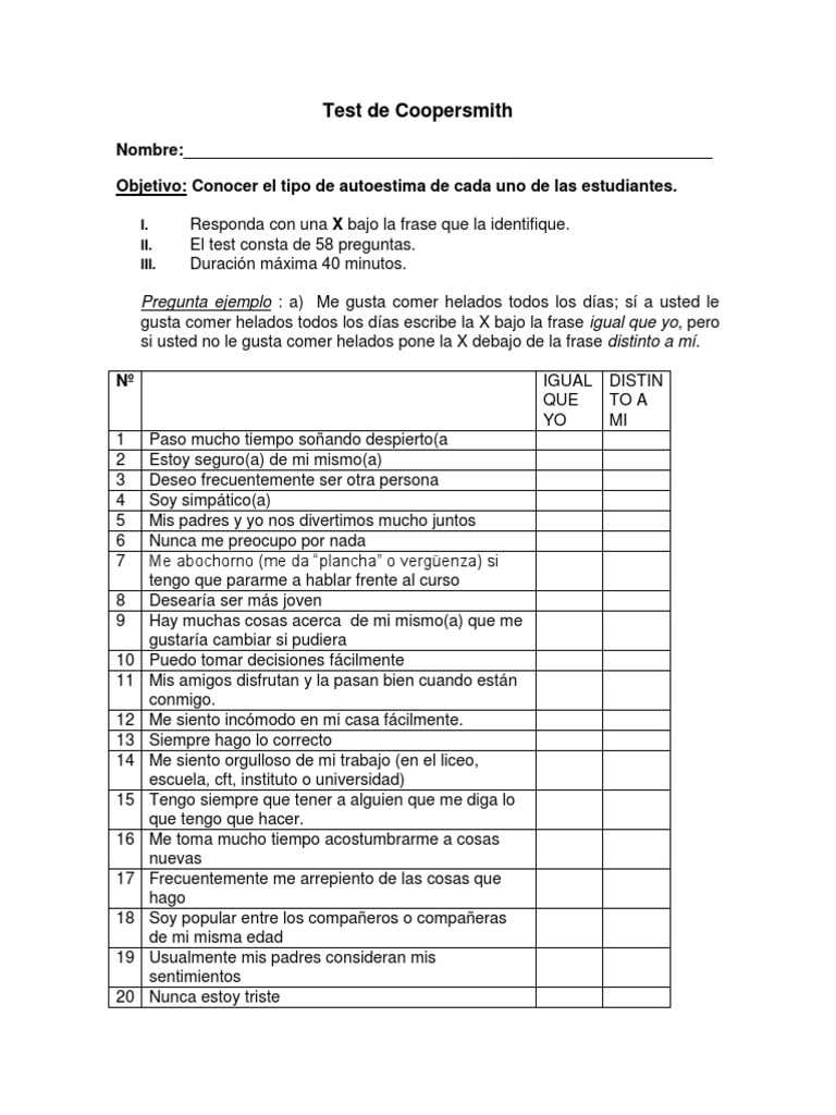 Pauta Test Coopersmith de Autoestima