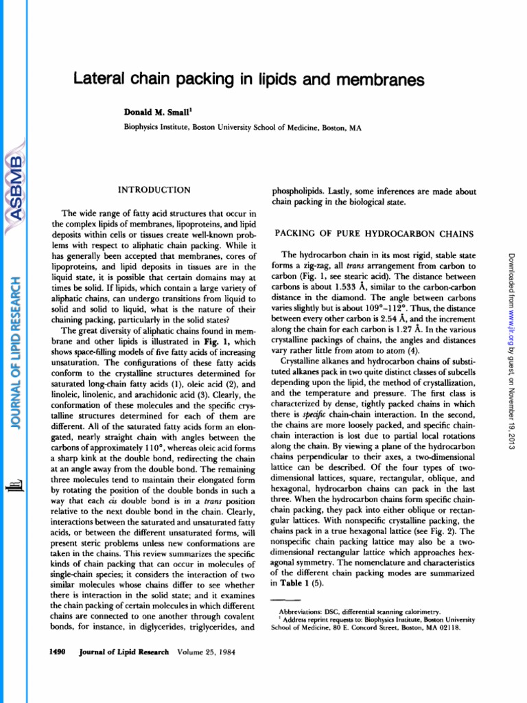 1984 - Small - Lateral Chain Packing in Lipids and Membranes | PDF ...