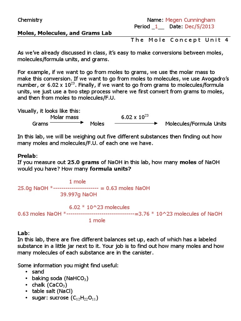 Mole and Grams Lab | PDF | Mole (Unit) | Chemistry