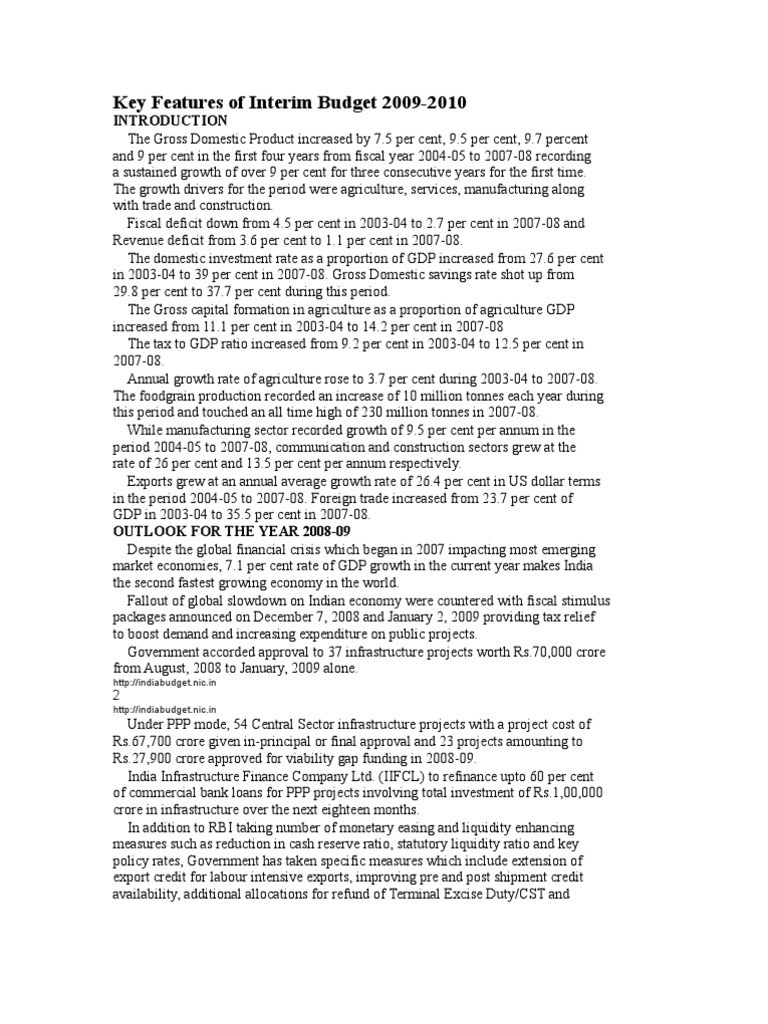 Key Features of Interim Budget 2009 | PDF | Government Budget Balance ...