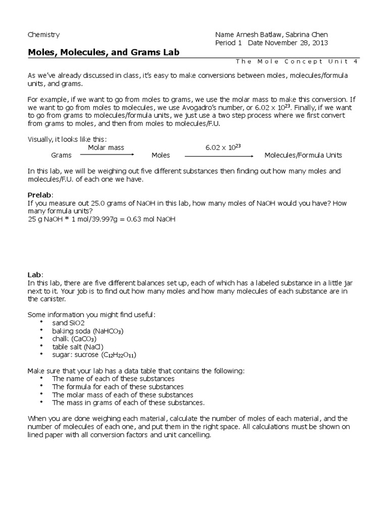 Moles, Molecules, and Grams Lab Guide | PDF | Mole (Unit) | Chemistry