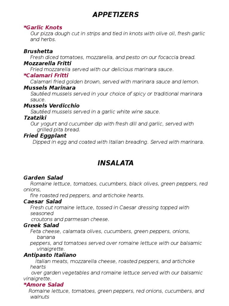 Amore Menu New | PDF | Tomato Sauce | Pizza