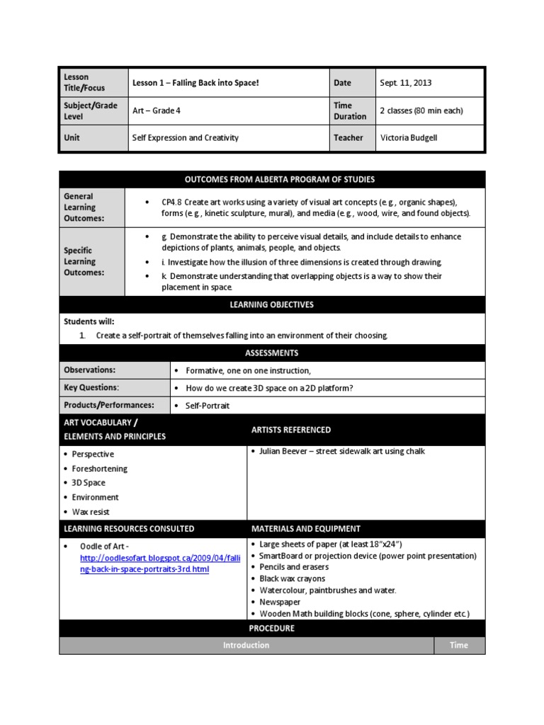 3D Self-Portrait Art Lesson Plan | PDF | Drawing | Educational Assessment